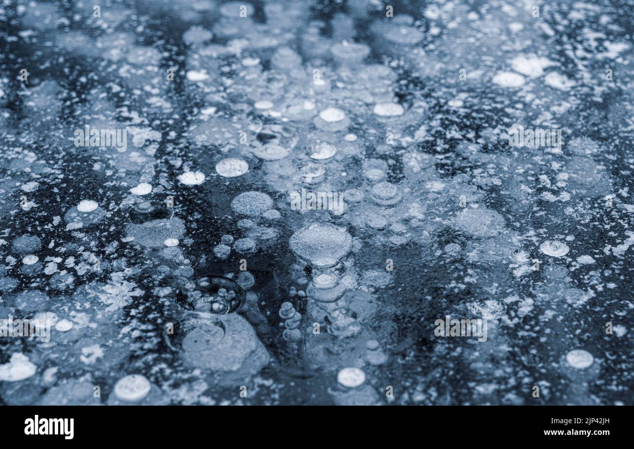 Texture pattern background white Winter, river ice air bubbles stagnant ...