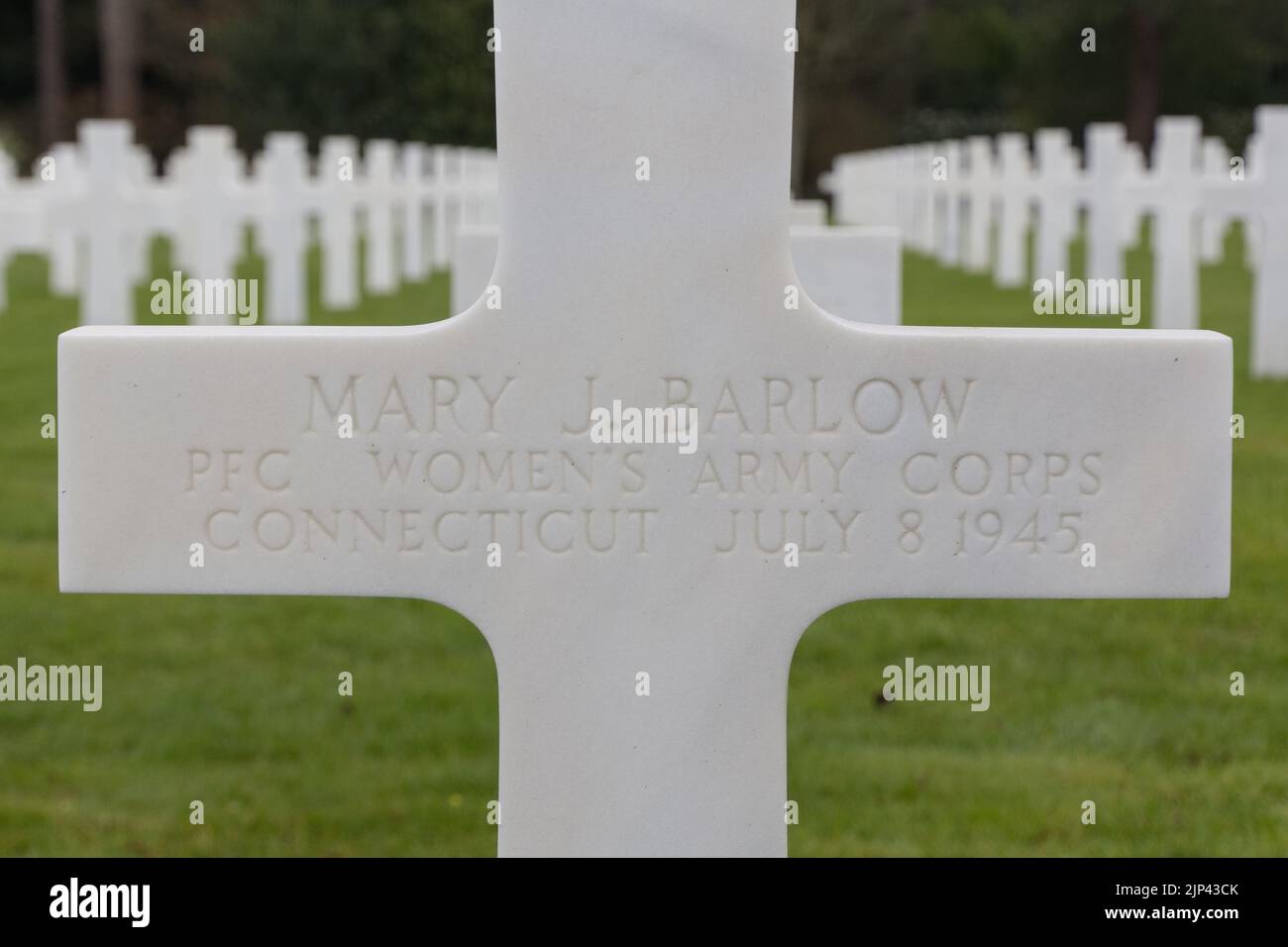 A closeup of a tombstone in Normandy American Cemetery in memory of the ...
