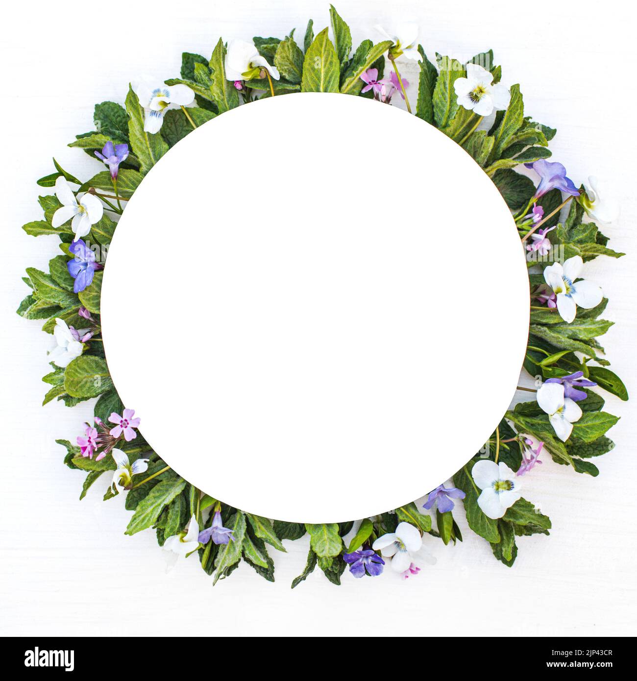 Round frame with spring flowers. Mint, violets and dunes in the form of ...