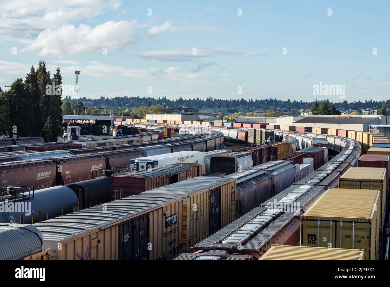 An aerial view of a cargo train yard in Magnolia, Seattle Stock Photo ...