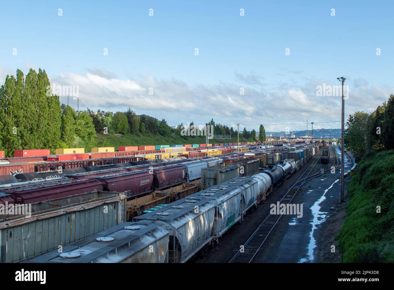 An aerial view of a cargo train yard in Magnolia, Seattle Stock Photo ...