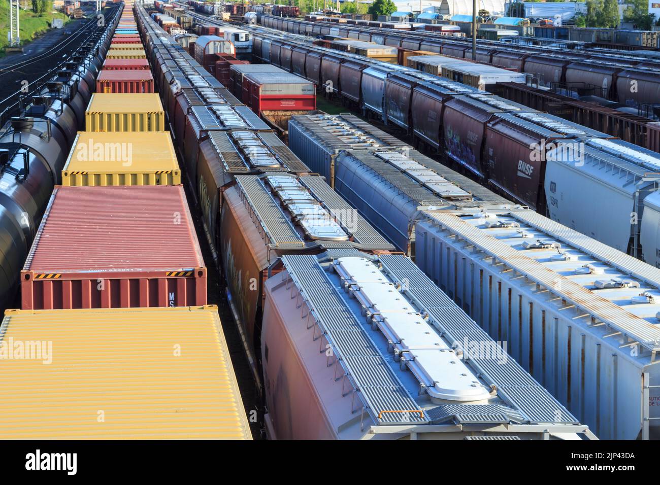 An aerial view of a cargo train yard in Magnolia, Seattle Stock Photo ...
