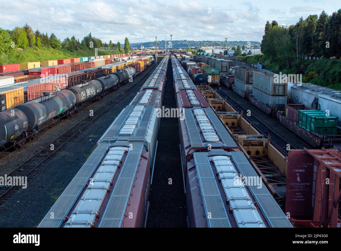 An aerial view of a cargo train yard in Magnolia, Seattle Stock Photo ...