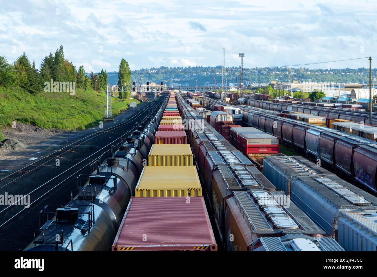 An aerial view of a cargo train yard in Magnolia, Seattle Stock Photo ...