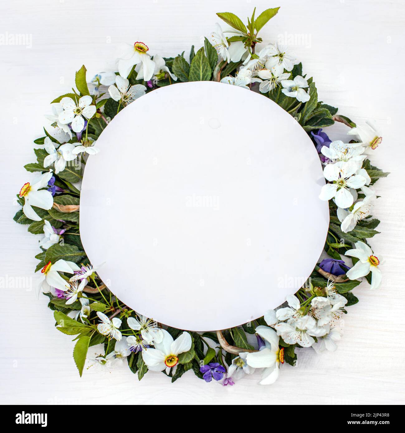 Round frame with spring flowers. Mint, violets and dunes in the form of ...
