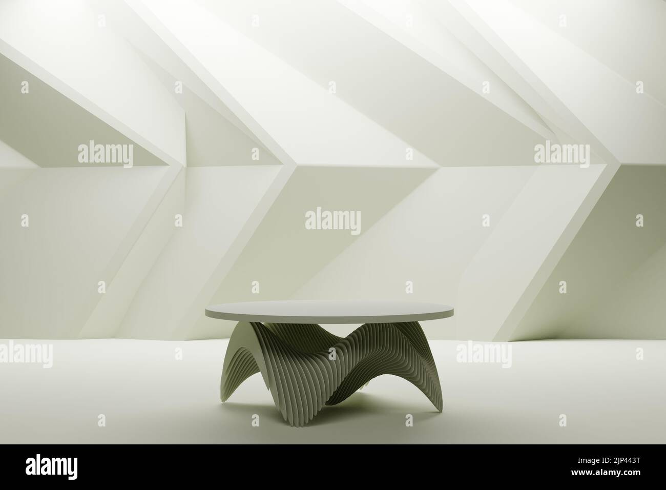 Round table with organic form standing against abstract geometry wall ...