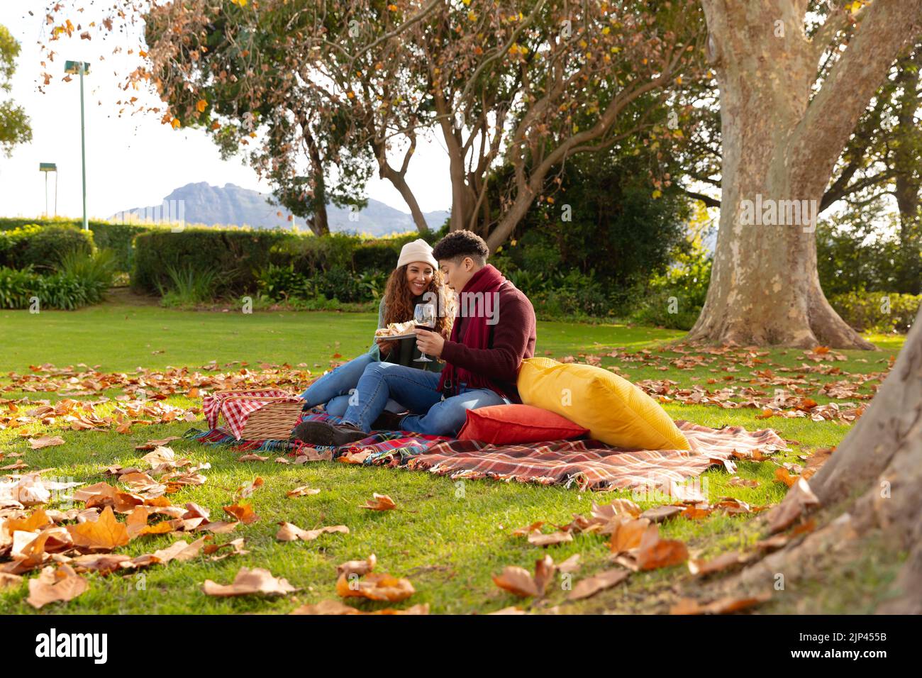 Image of happy diverse couple having picnic in autumn park Stock Photo ...