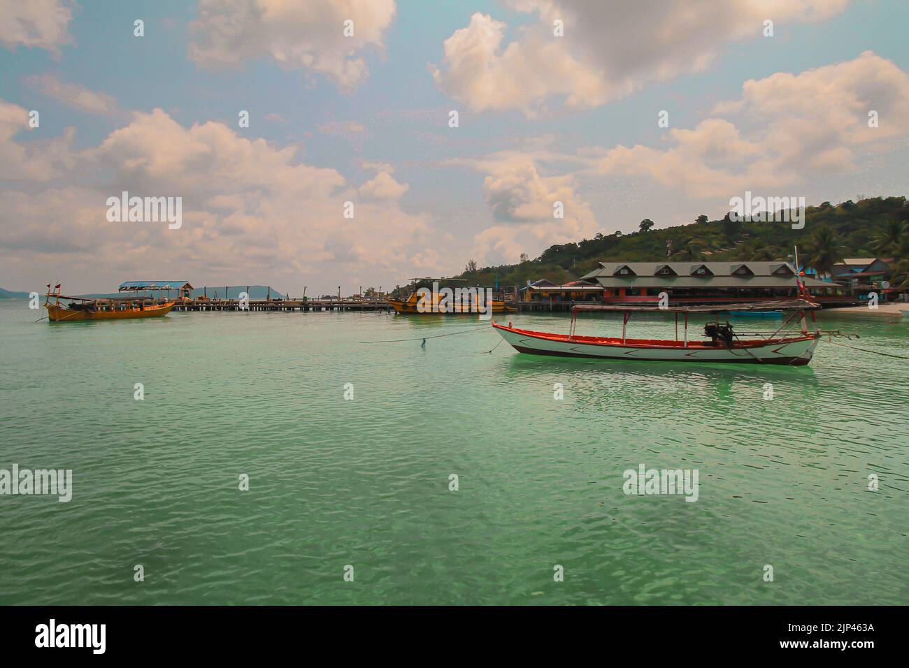Khmer fishing boat on the coast of Koh Kong Island in Cambodia, a ...