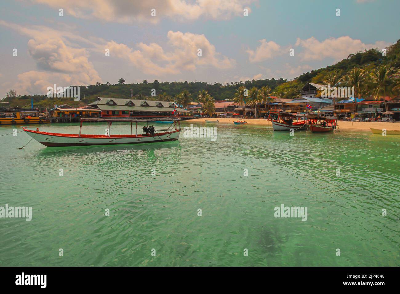 Khmer fishing boat on the coast of Koh Kong Island in Cambodia, a ...