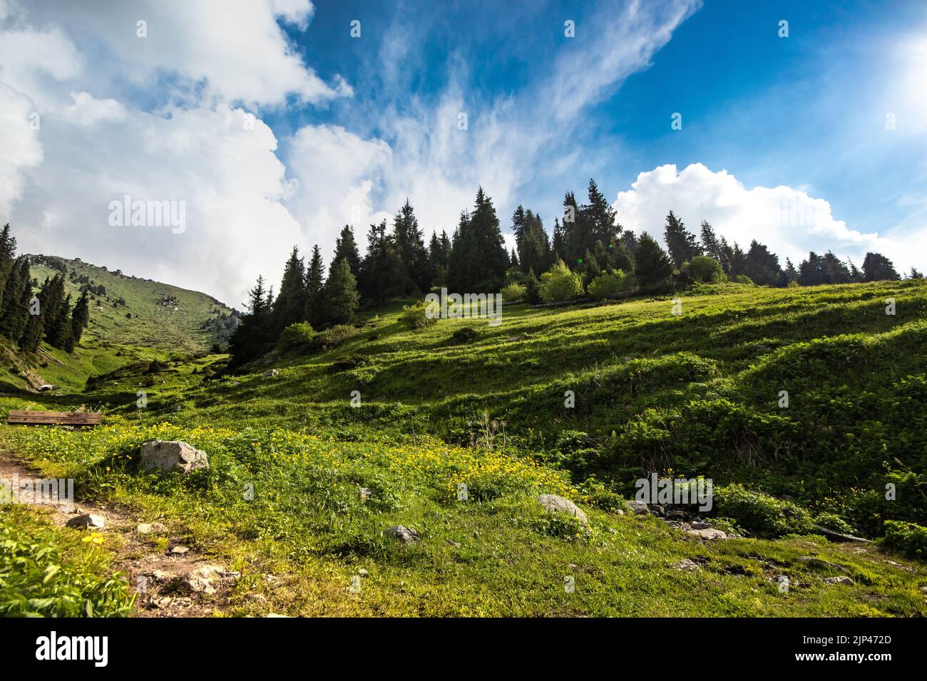 Amazing mountain landscape near Almaty. The trail to the top of 3 ...