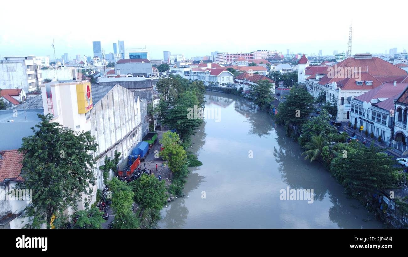 A bird's eye view of Bengawan Solo River in Surabaya, Java, Indonesia ...