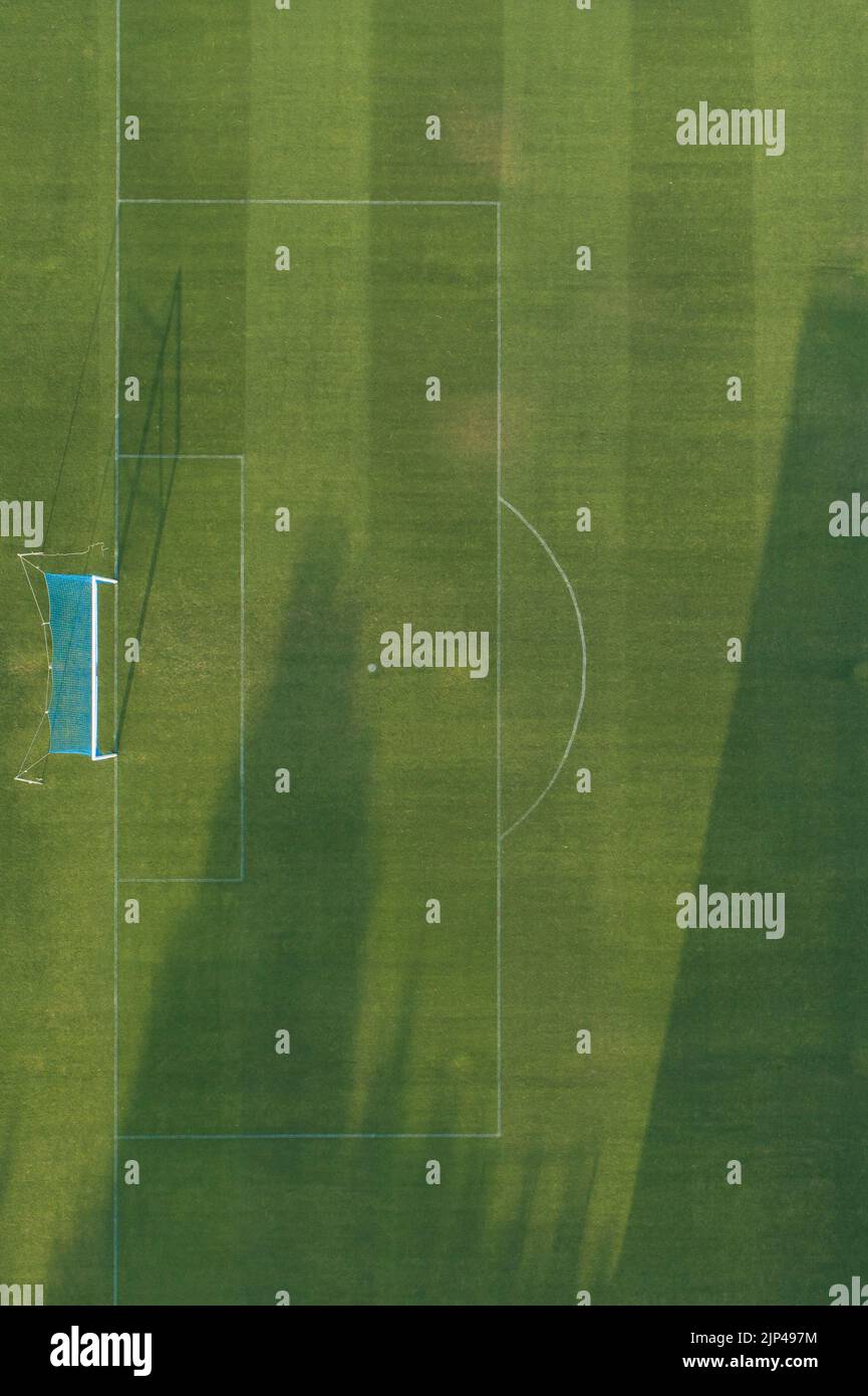 Aerial view of a grass football field goal Stock Photo - Alamy