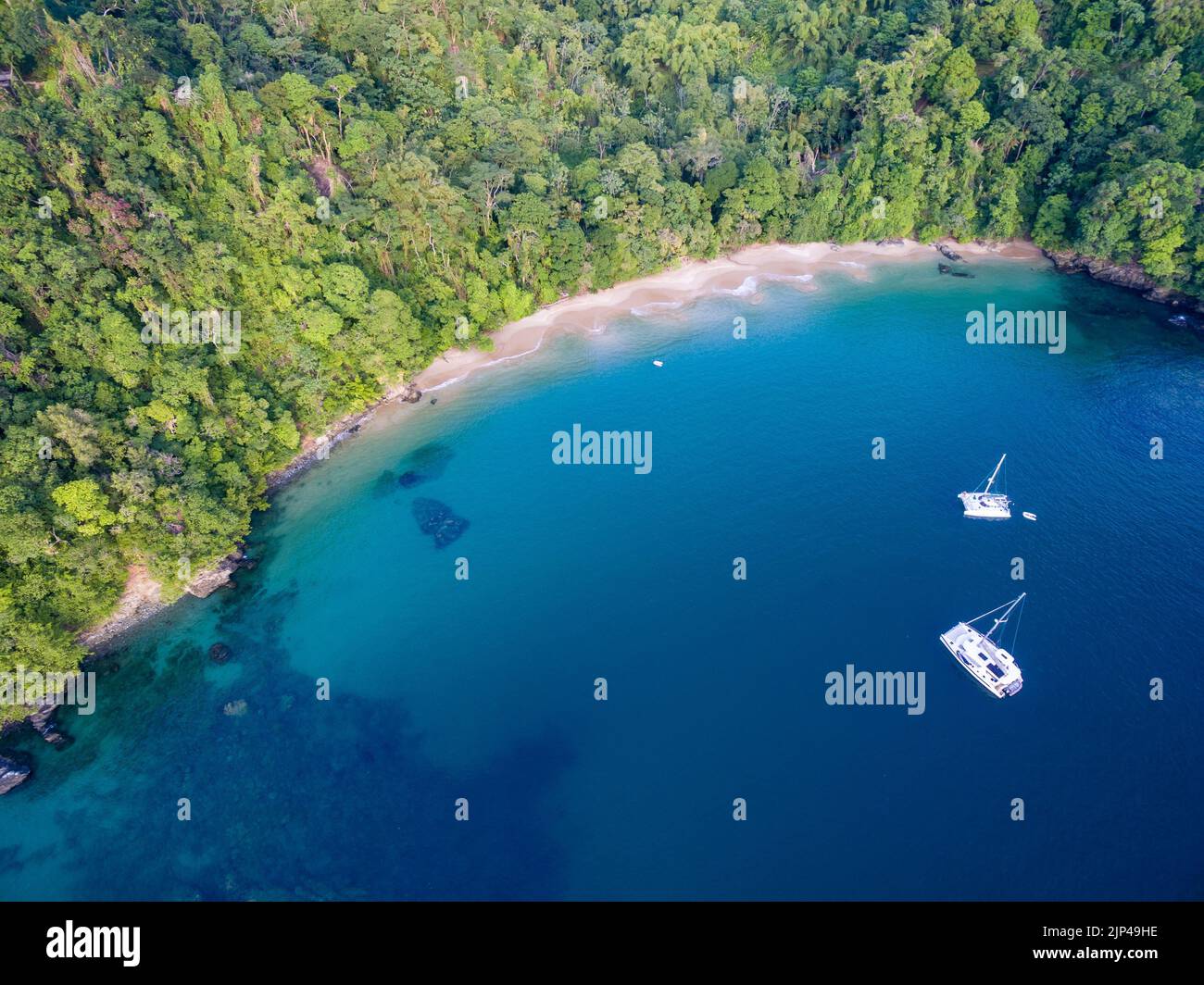 Yachts anchoring in Caribbean bay with beach and forest in the ...