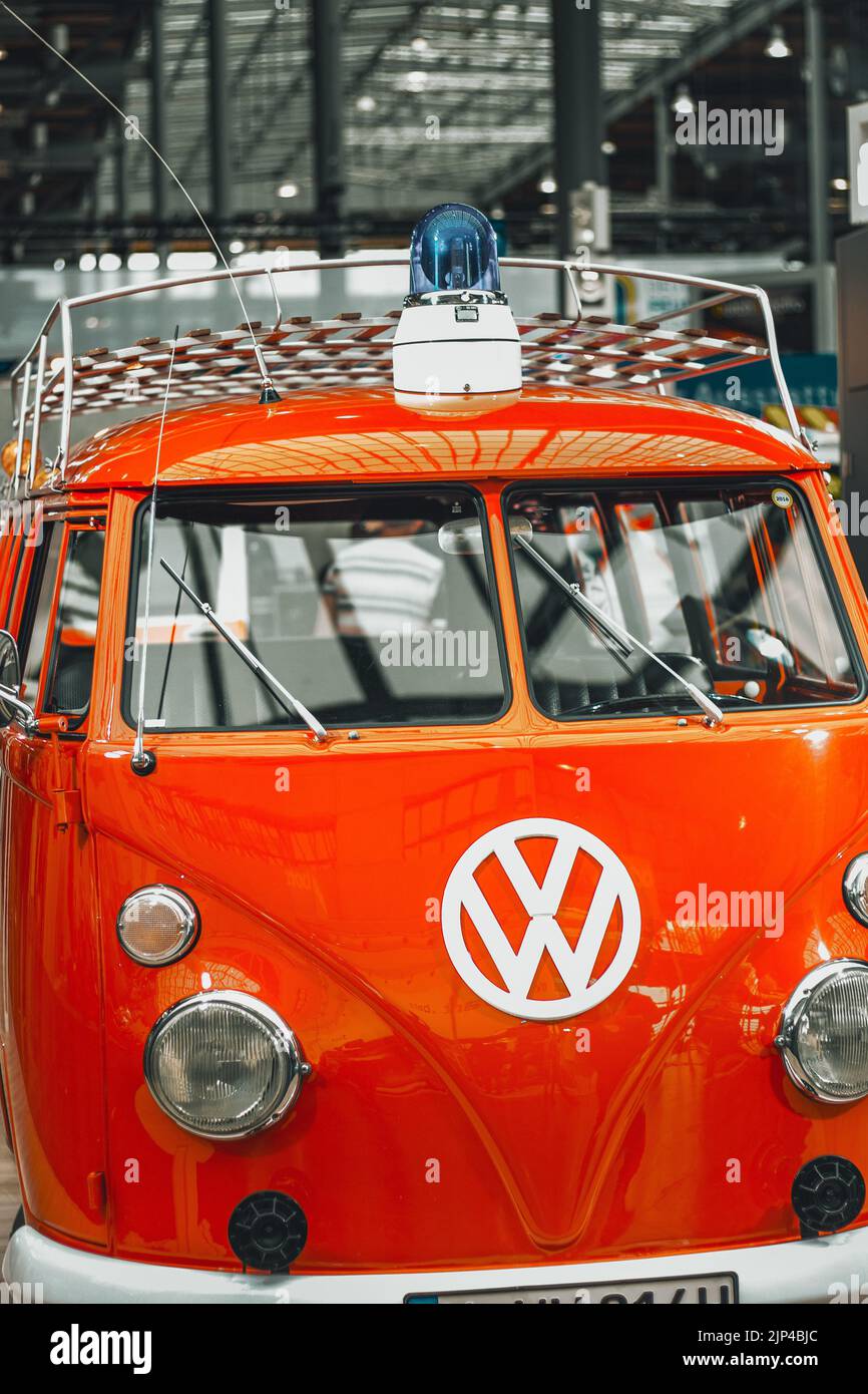 Front view of a fire fighting old vintage classic red volkswagen van ...