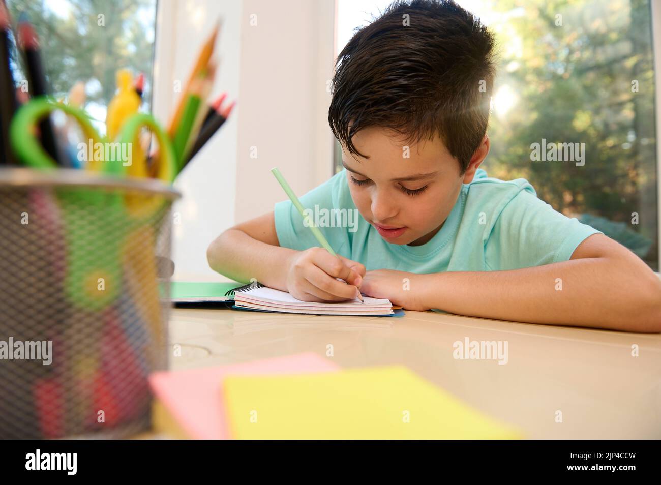 Portrait of a smart pupil, schoolboy at classroom makings notes while ...