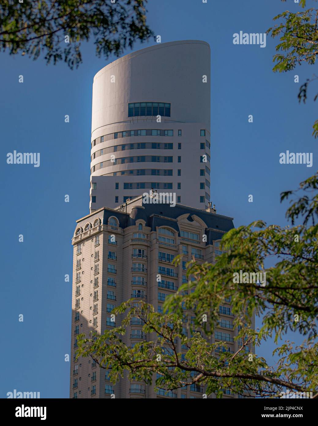 A vertical shot of Torres Mulieris from behind the tree branches full of trees on a summer ...