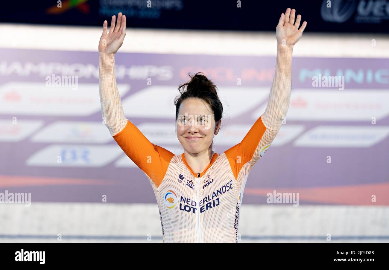 MUNICH - Laurine van Riessen during the medal ceremony of track cycling ...