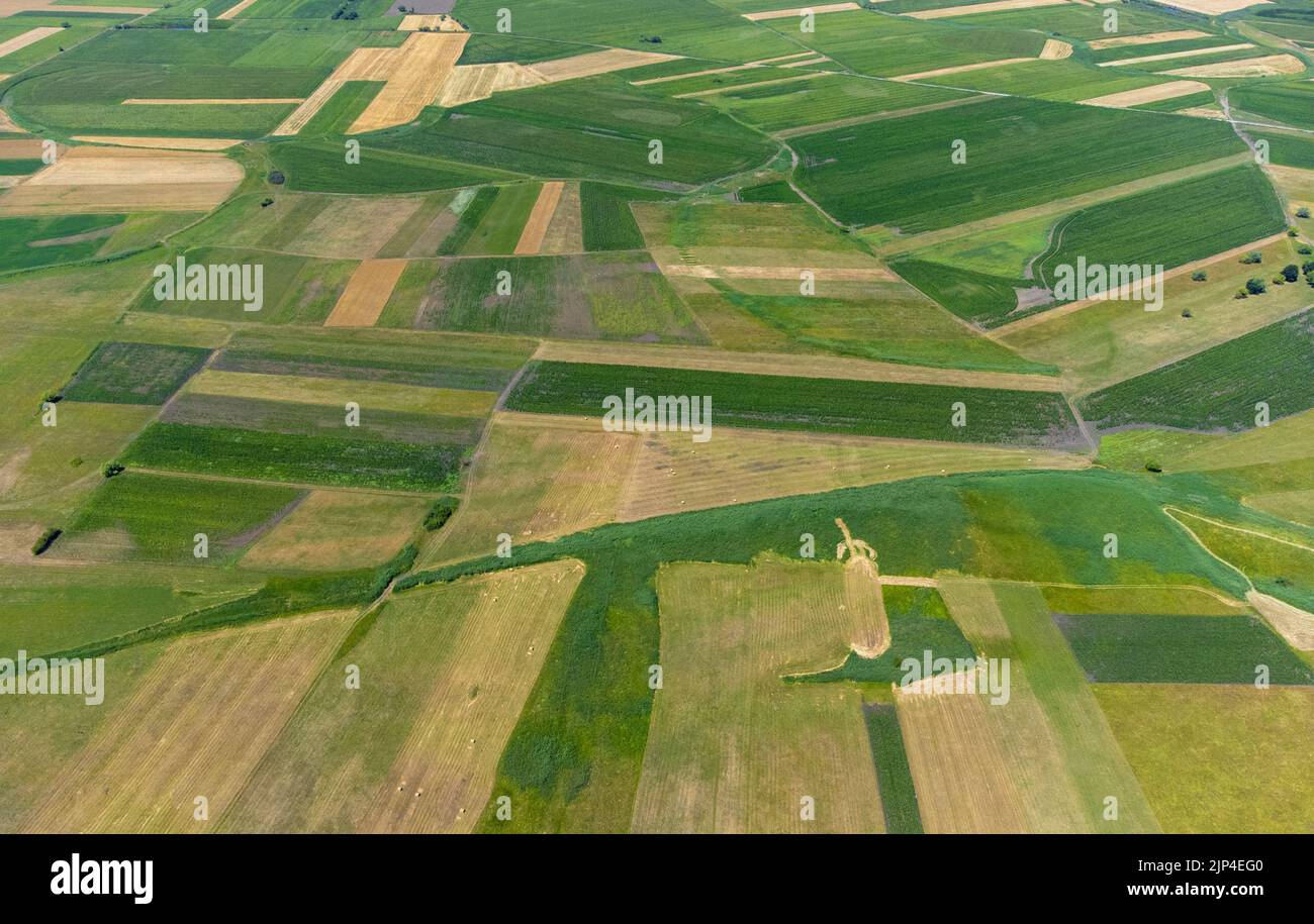 landscape with many cultivated lands seen from above, rural, summer ...