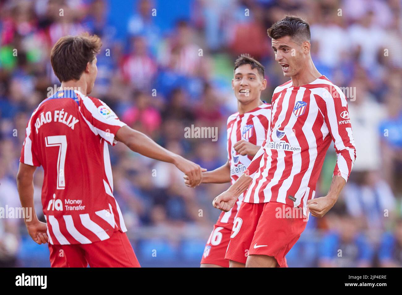Alvaro Morata of Atletico de Madrid celebrates his goal with Joao Felix ...