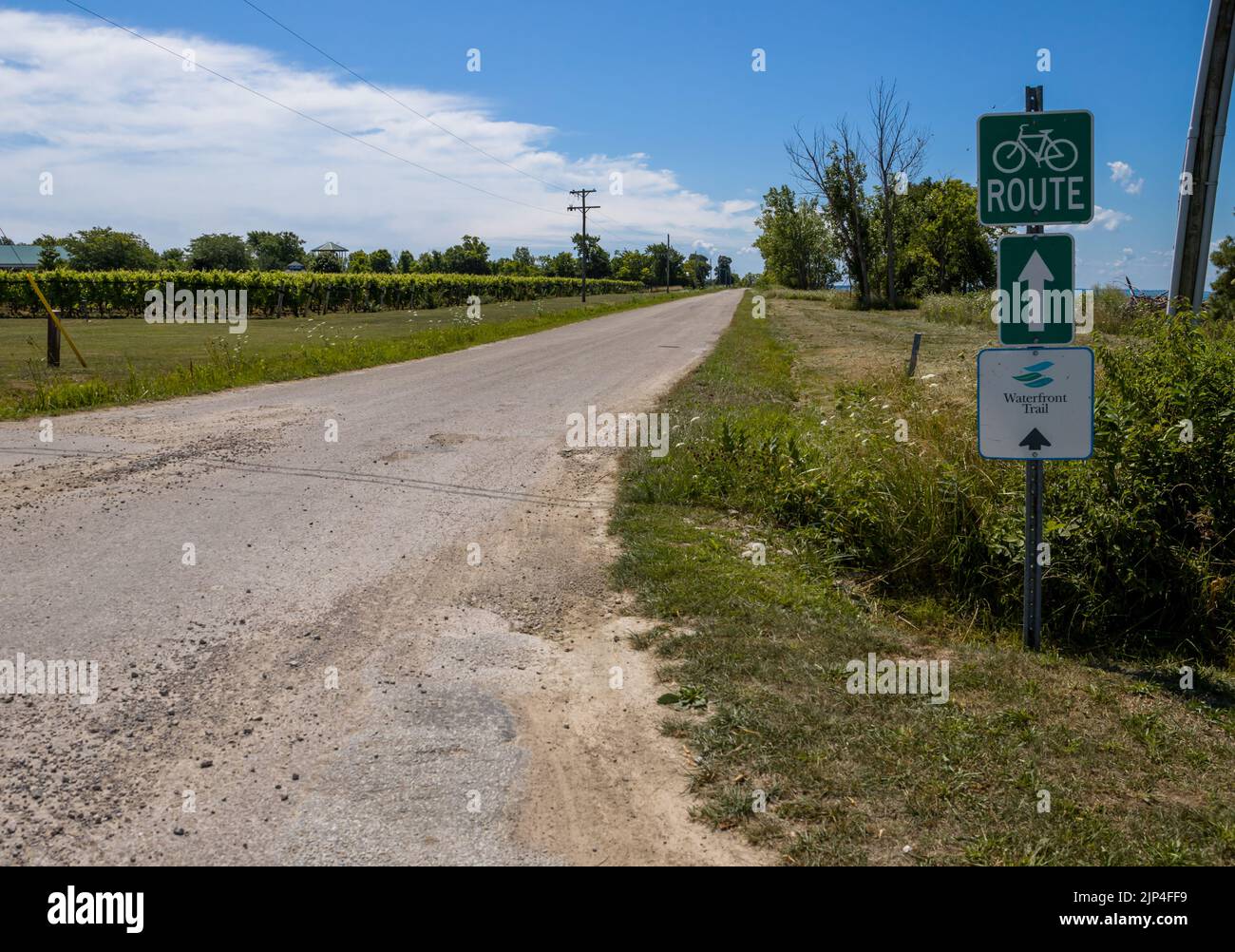 Bicycle road sign. Waterfront walking tourist road. Bike route ...