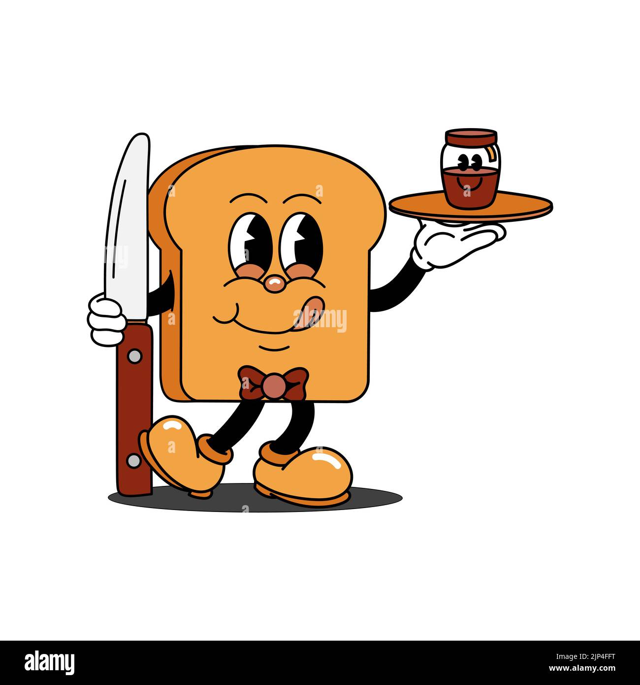 The cartoon-style bred character holding the jar and a knife on the ...