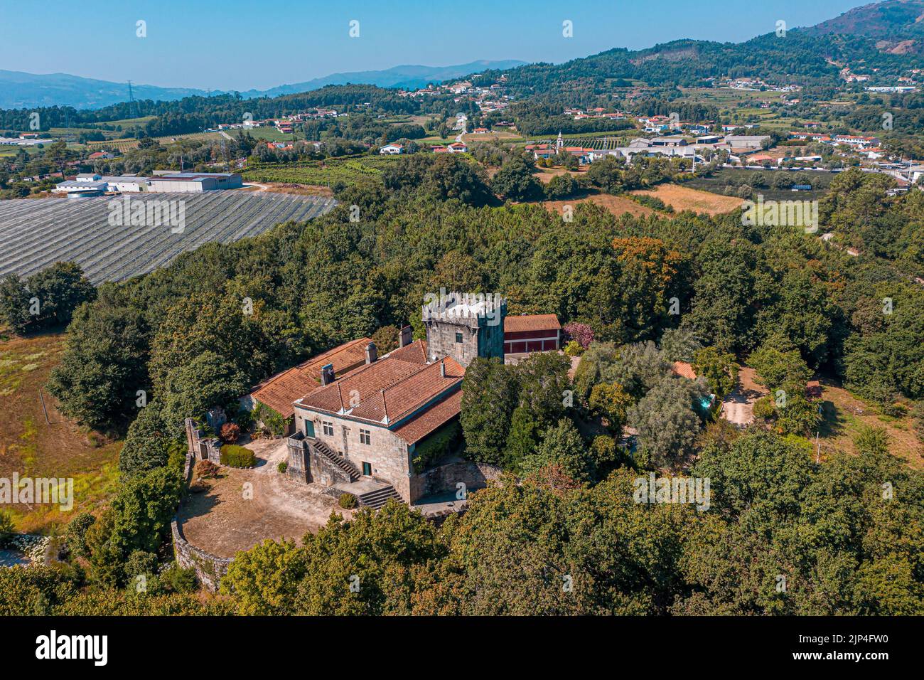 An aerial view of the Fortress of O Castro in Vigo, Spain, surrounded ...