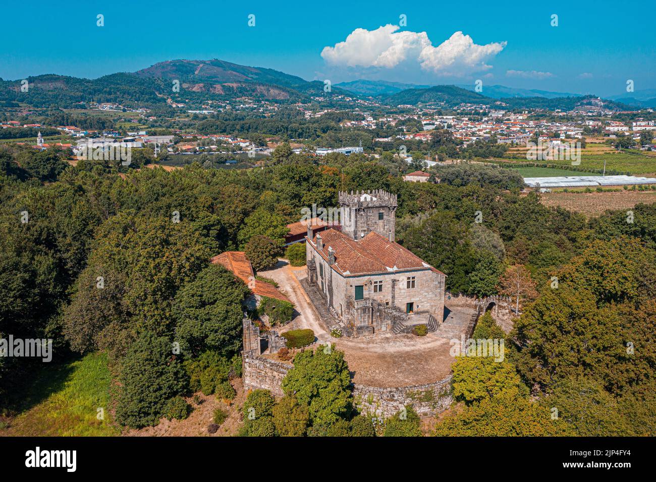 An aerial view of the Fortress of O Castro in Vigo, Spain, surrounded ...