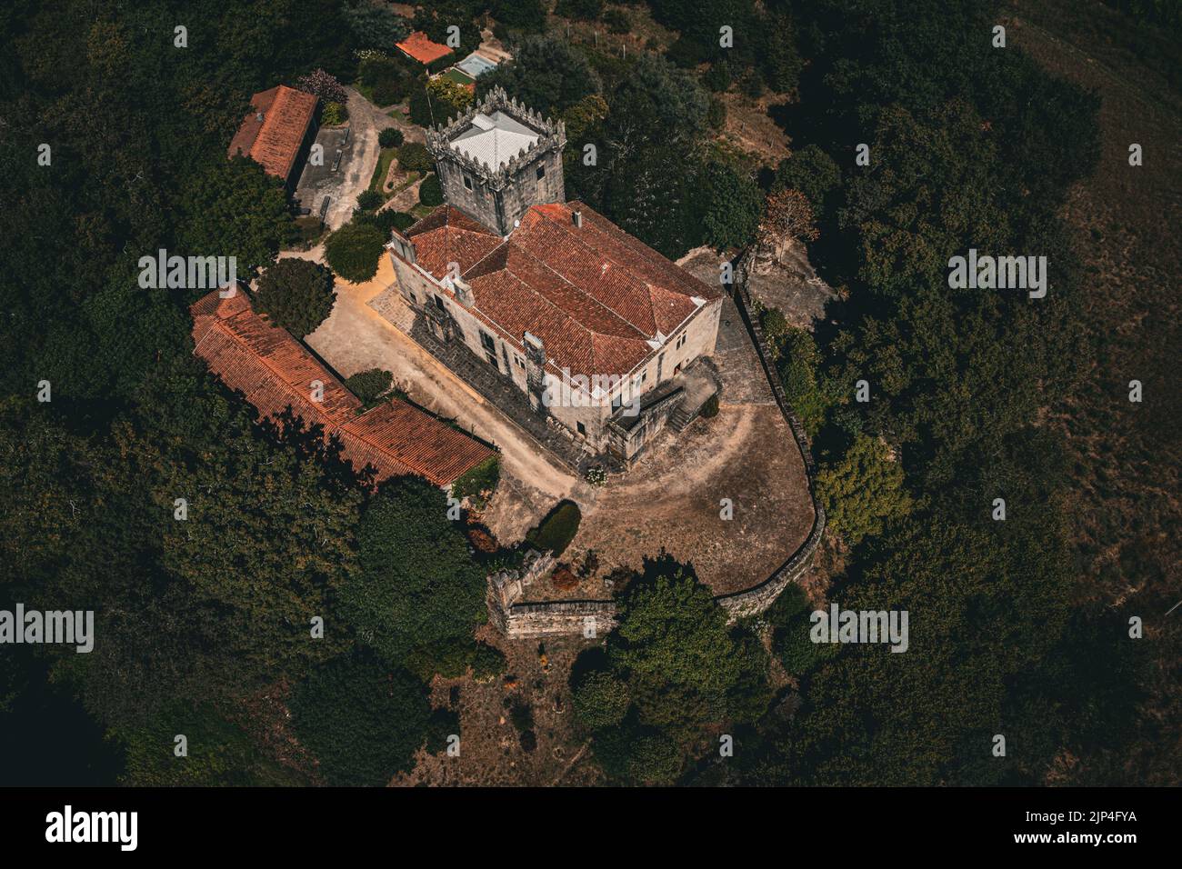 An aerial view of the Fortress of O Castro in Vigo, Spain, surrounded ...
