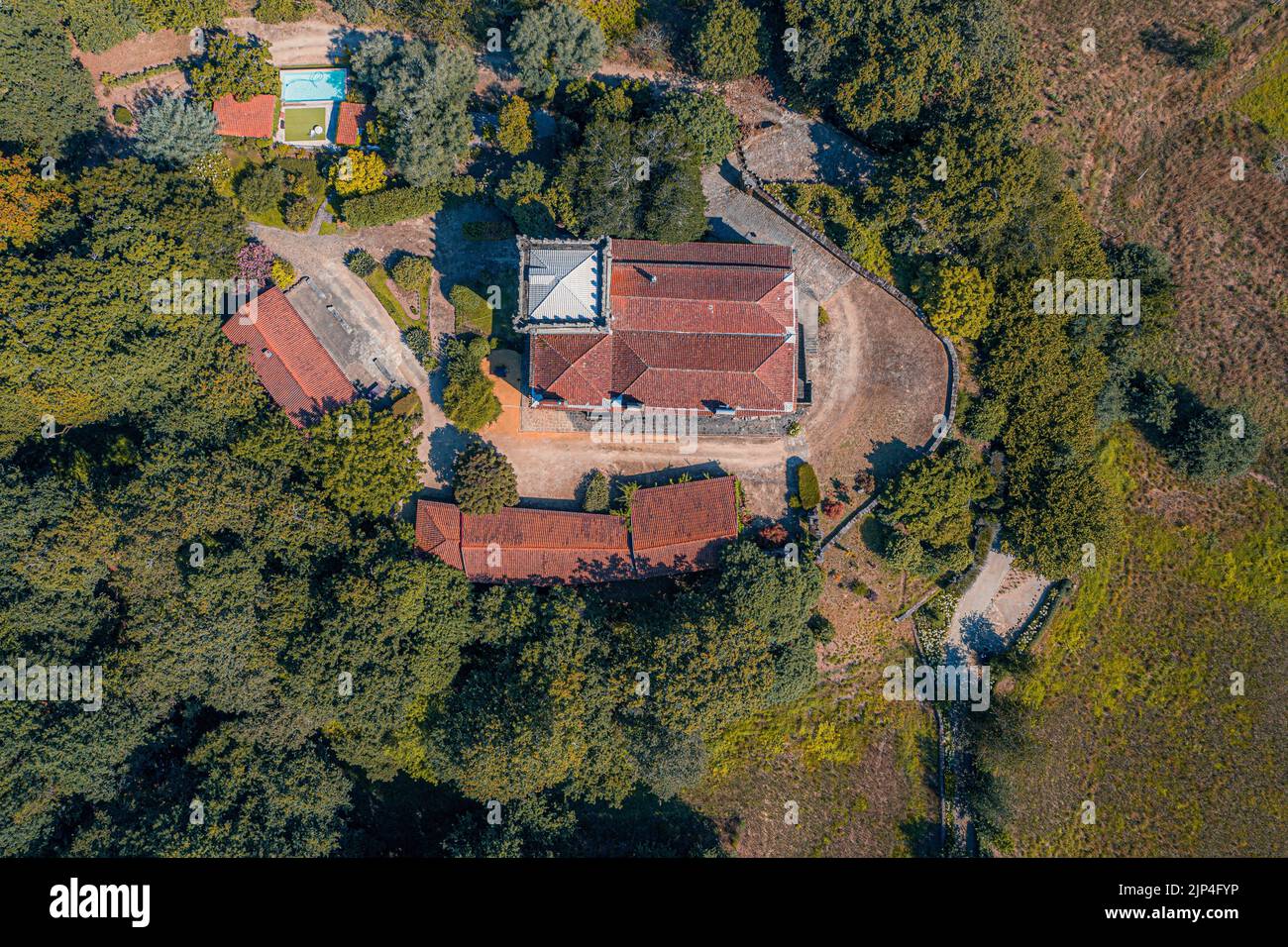 An aerial view of the Fortress of O Castro in Vigo, Spain, surrounded ...