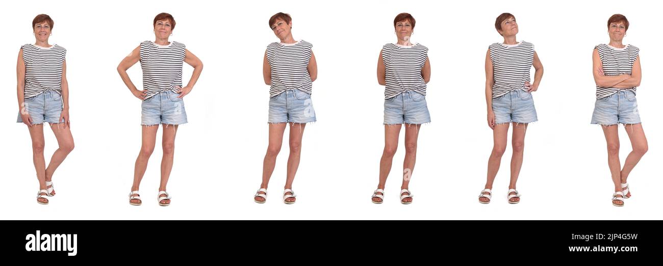 front view of group of same women with various poses on wite background ...