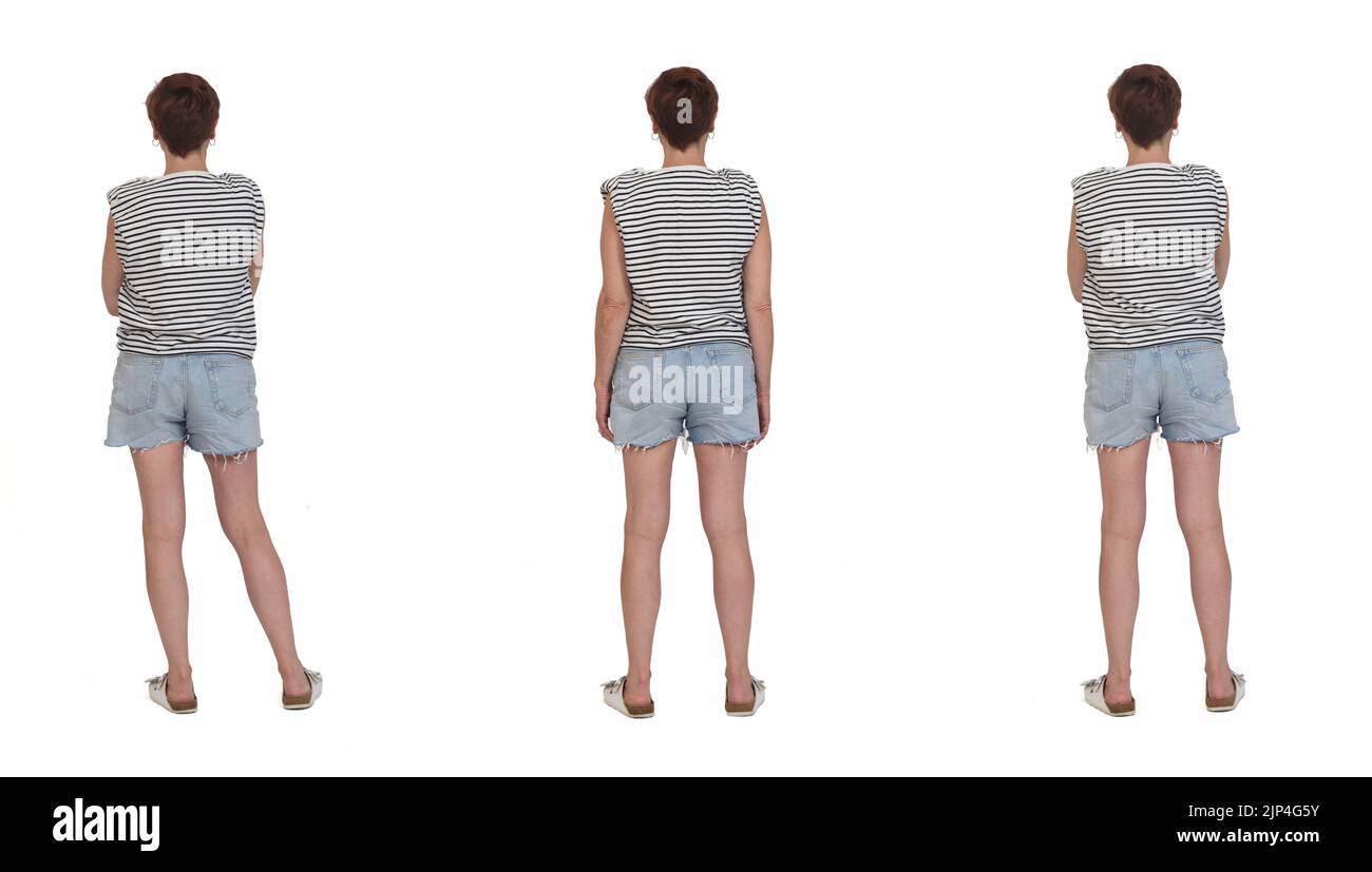 back view of a group of same women various poses on white background ...