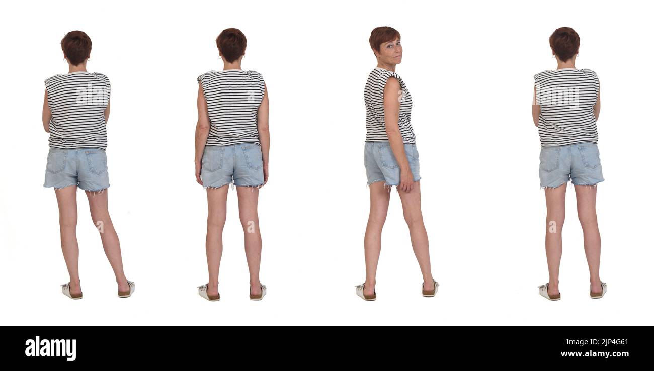 back view of a group of same women various poses on white background ...