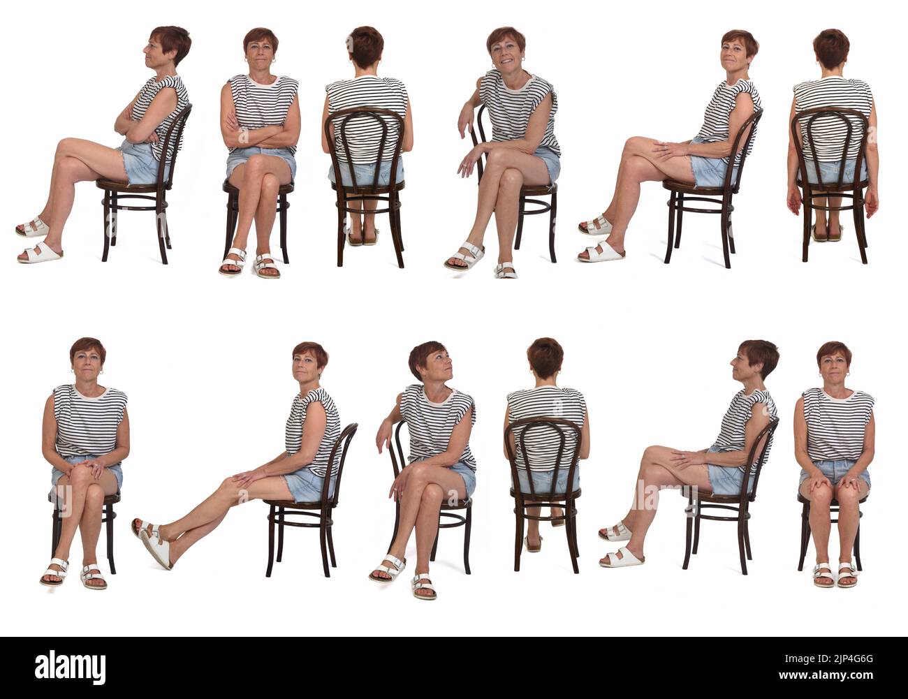 large grop of same woman sitting chair, various poses on white ...
