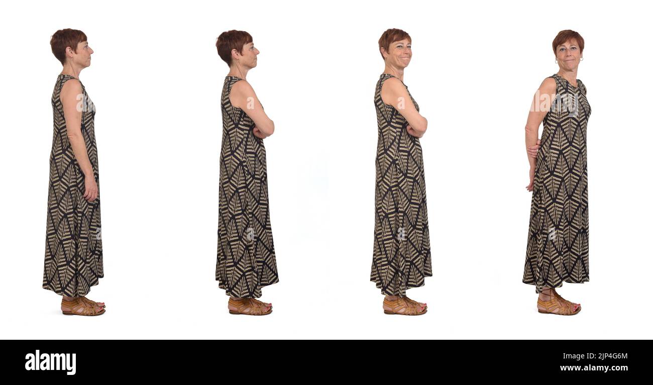 side view of same middle aged woman with dress on white background ...