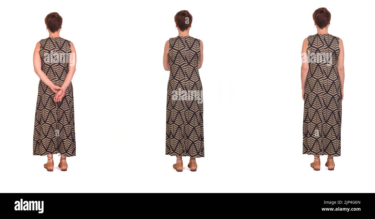 back view of same middle aged woman with dress on white background ...