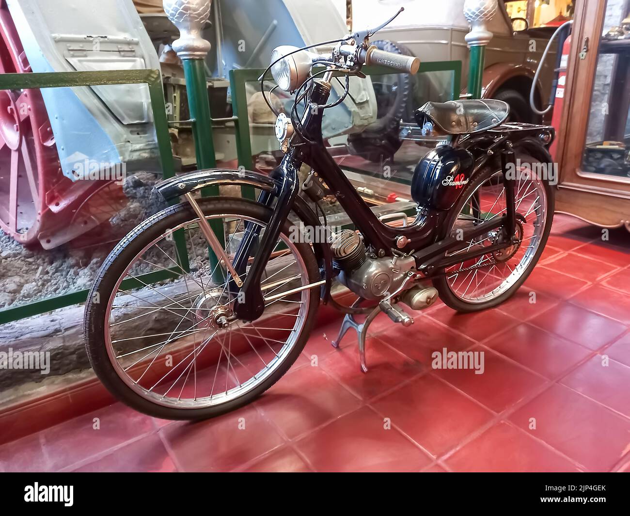 Shot of an old black Siambretta Lambretta 48 moped 1950s. Automobile ...