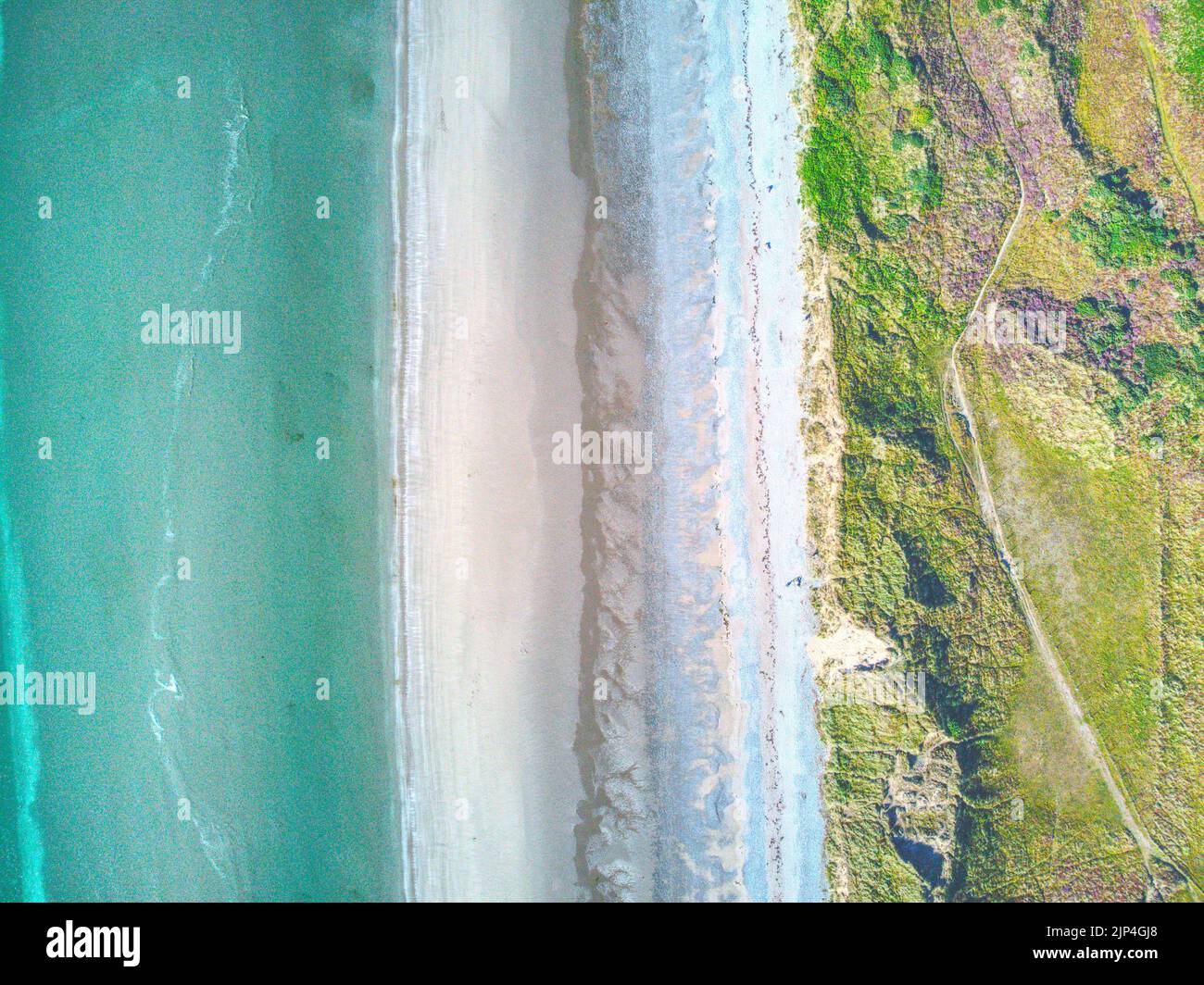 Drone view of Irish Sea shoreline, Murlough beach and nature reserve ...