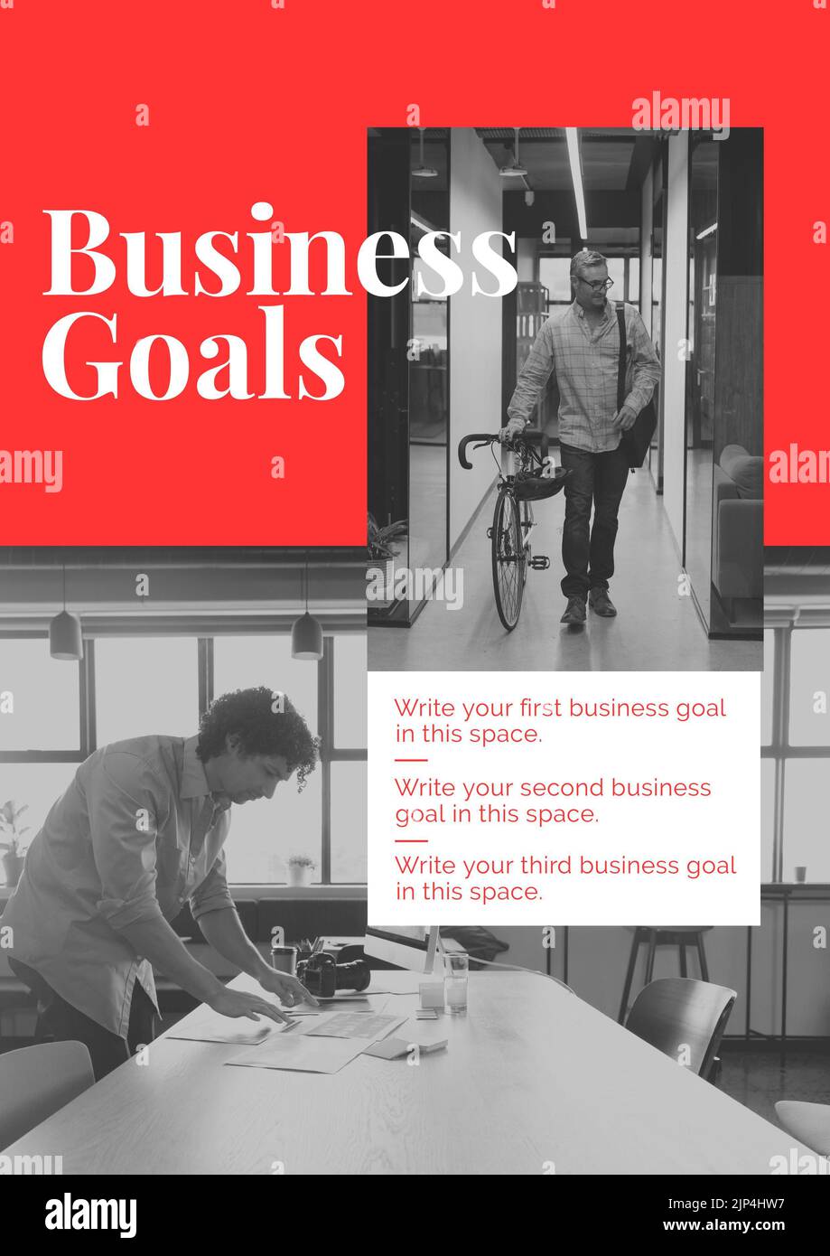 Composition of business goals text over caucasian businessmen in office ...
