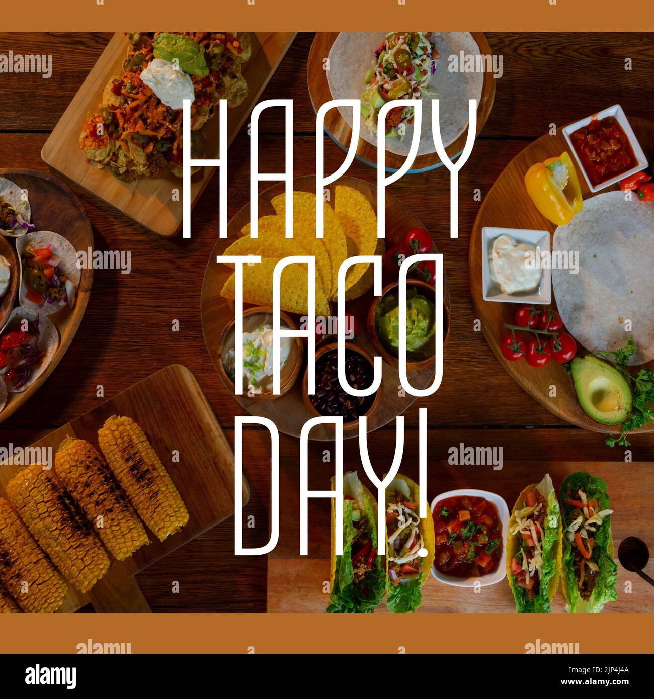 Composition of happy taco day text with tacos on table. National taco ...