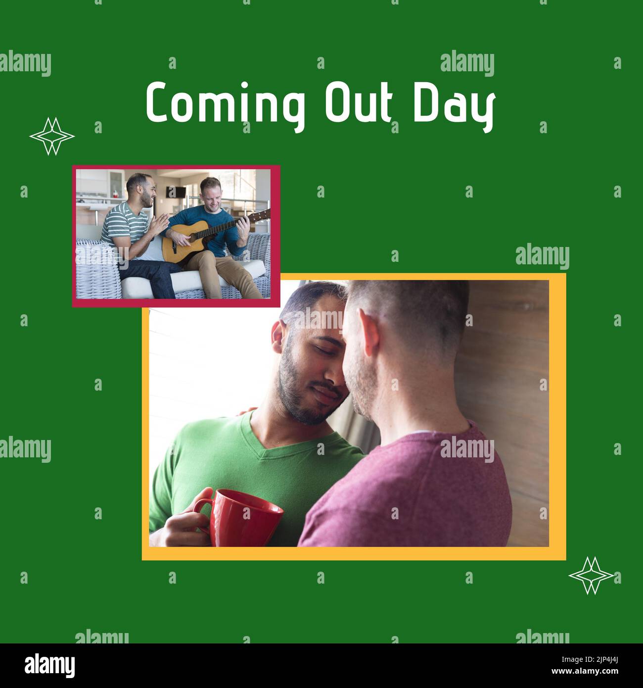 Composition of coming out day text over diverse male couple embracing ...