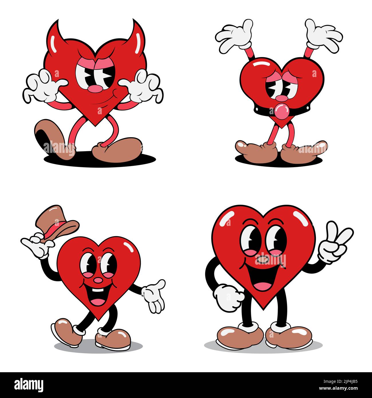 The cartoon style heart stickers in different poses on the white ...