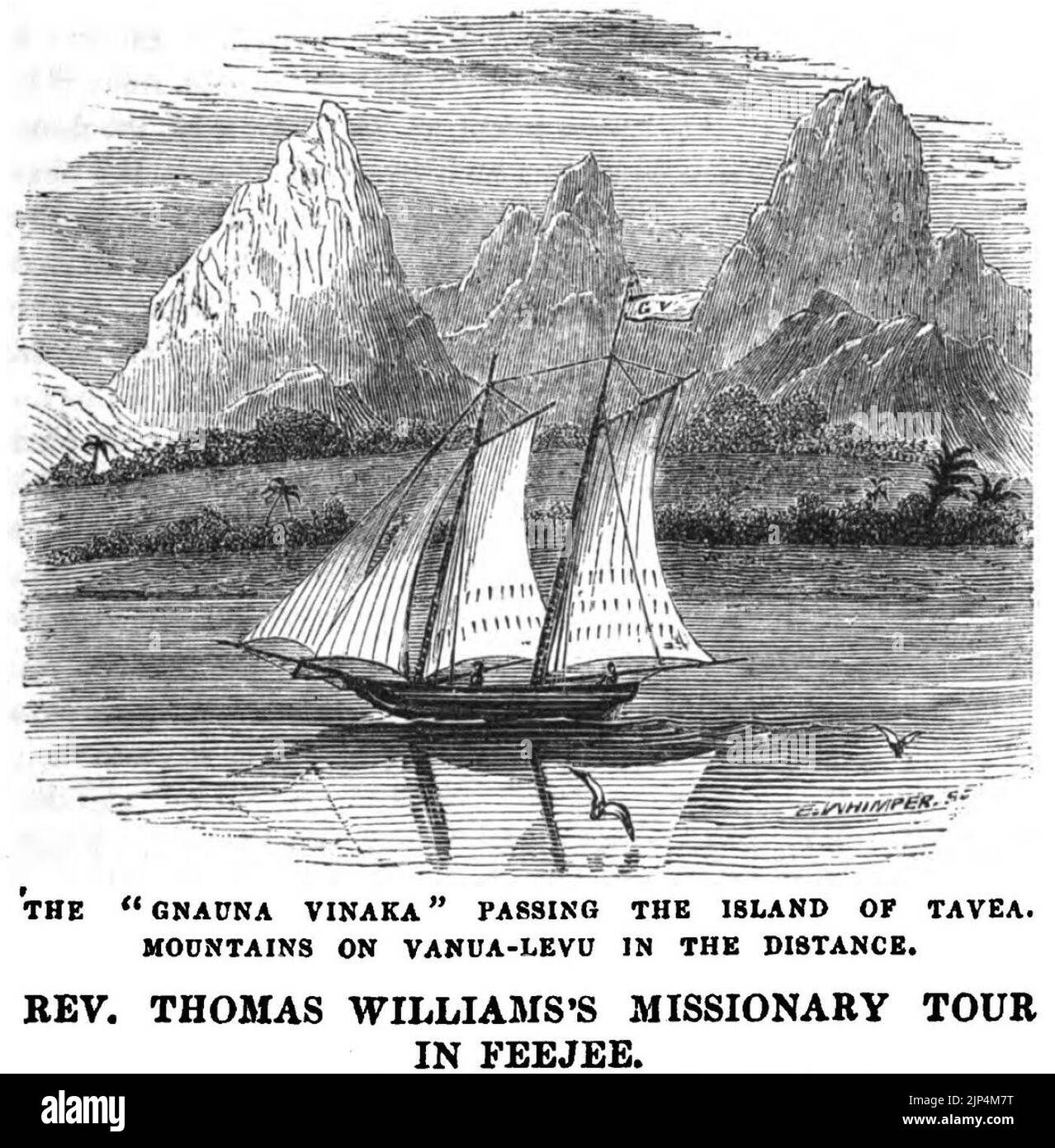 The Gnauna Vinaka Passing the Island of Tavea. Mountains of Vanua-Levu ...