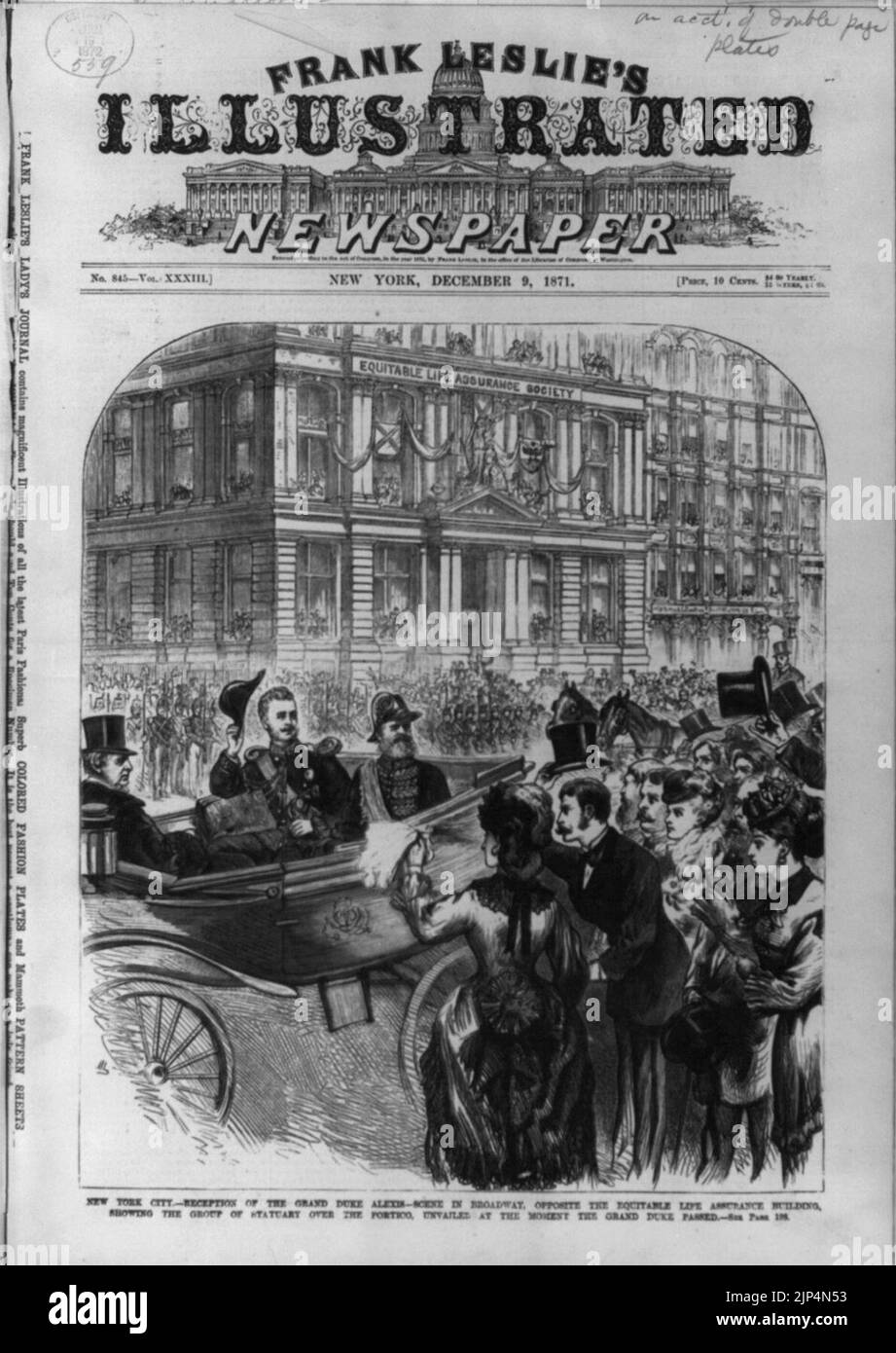 The Grand Duke Alexis in carriage, tipping hat, during reception in New ...