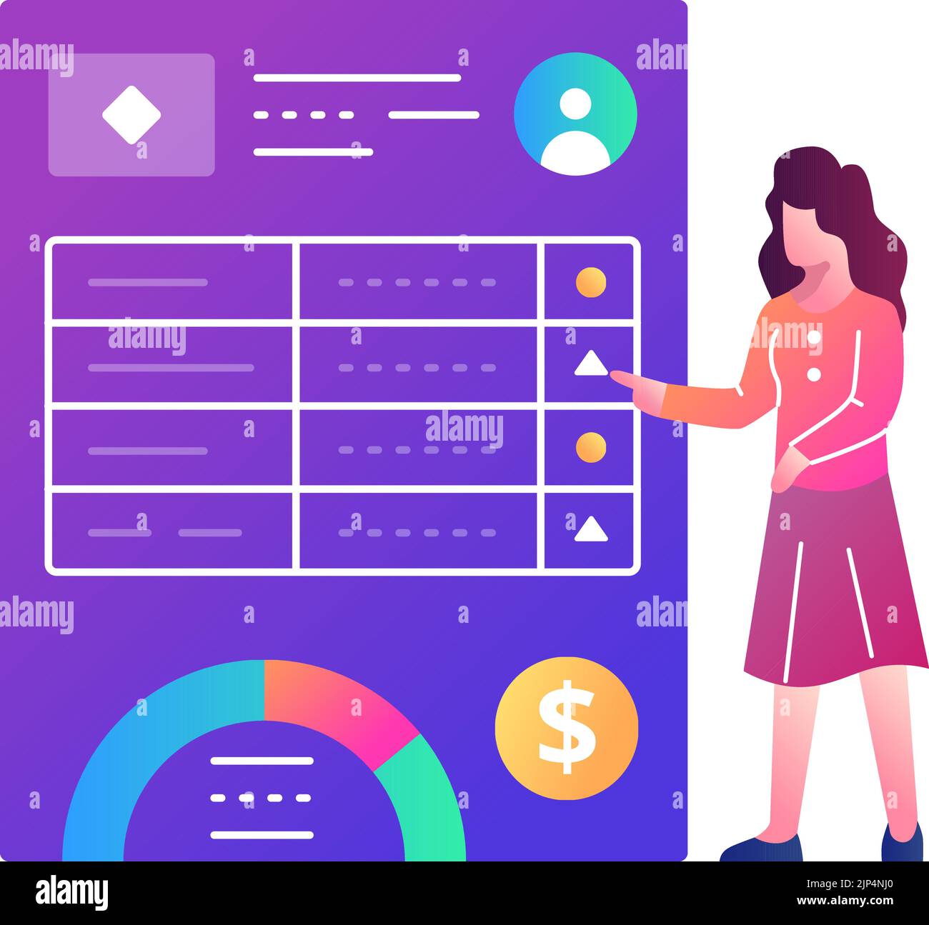 Woman reading invoice flat vector icon. Payment receipt document ...