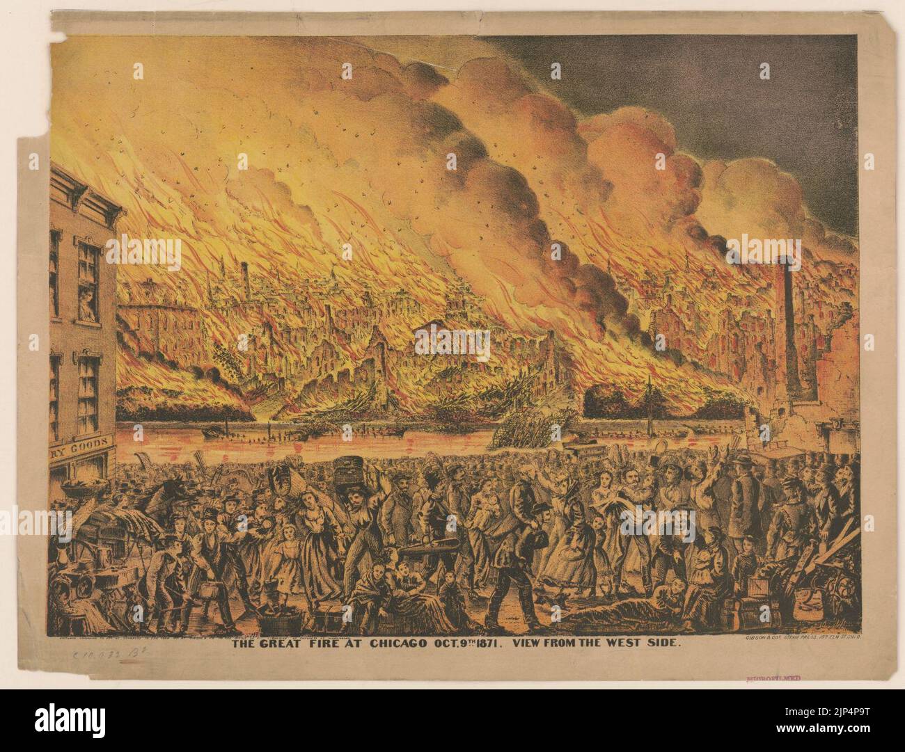 The Great fire at Chicago Oct. 9th 1871. View from the west side - Gibson & Co.'s Steam Press ...