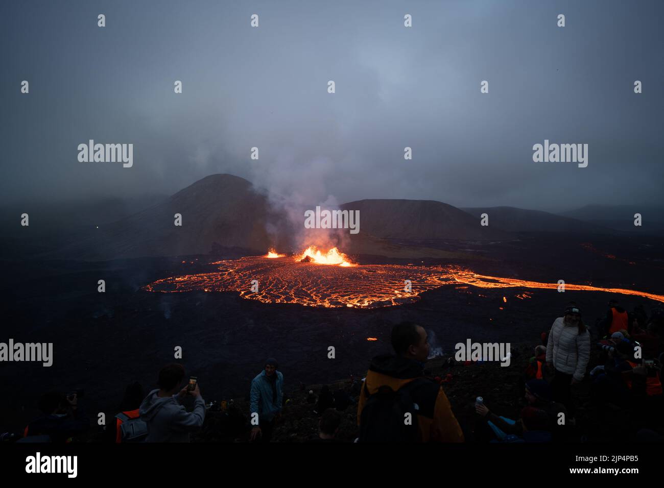 Hikers Watching Meradalir Eruption of Fagradalsfjall Volcano in Iceland ...