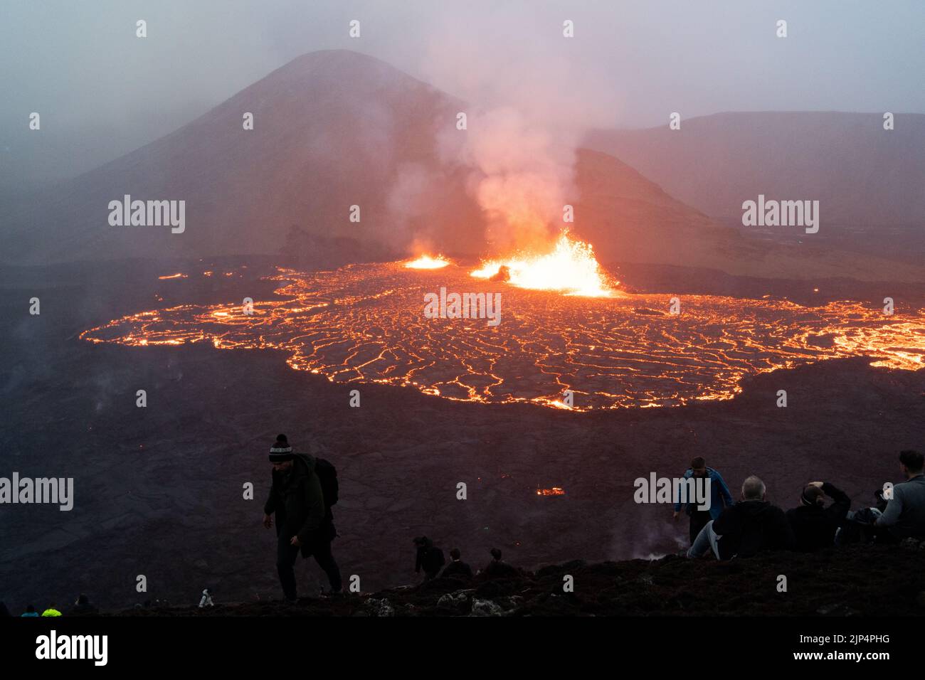 Hikers Watching Meradalir Eruption of Fagradalsfjall Volcano in Iceland ...
