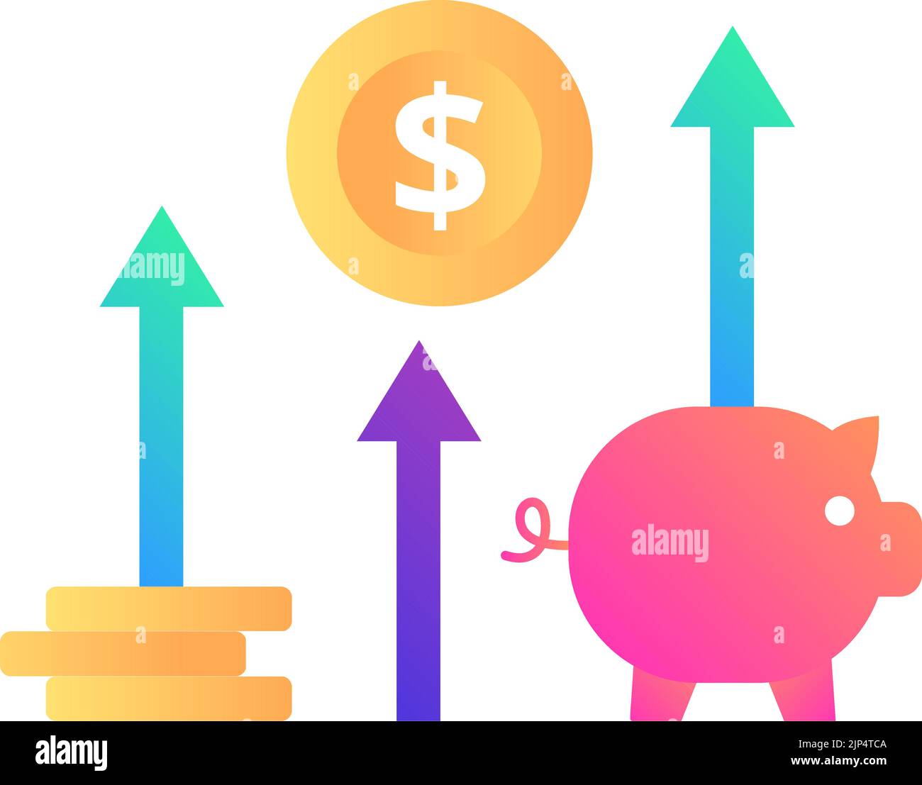 Salary and savings growth icon vector. Golden coin stack, increase arrow and piggy-bank isolated ...