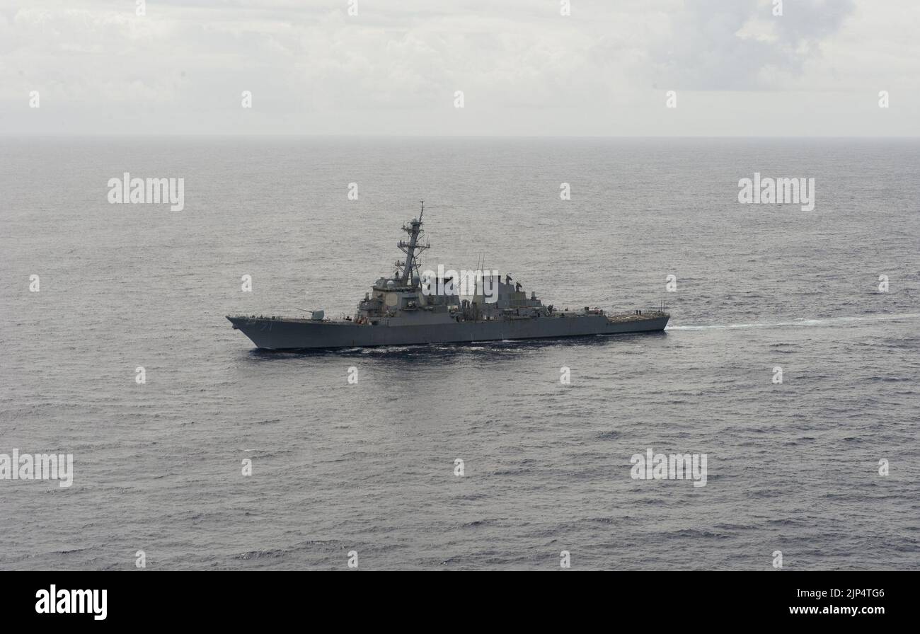 The guided missile destroyer USS Ross (DDG 71) transits the Atlantic ...