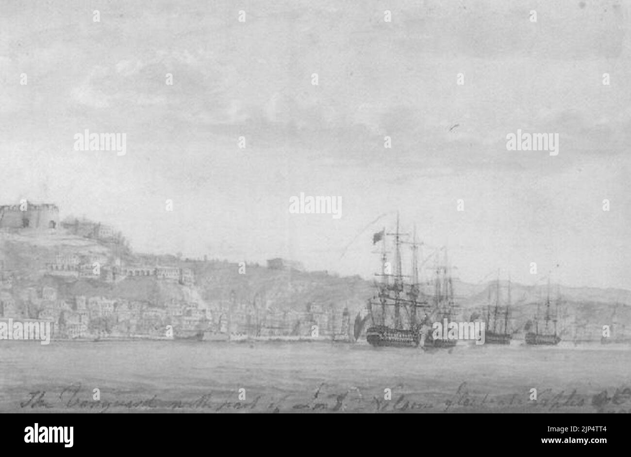 The H.M.S.Vanguard with first of the Lord Nelson's fleet at Naples, October 1798, a sketch by ...